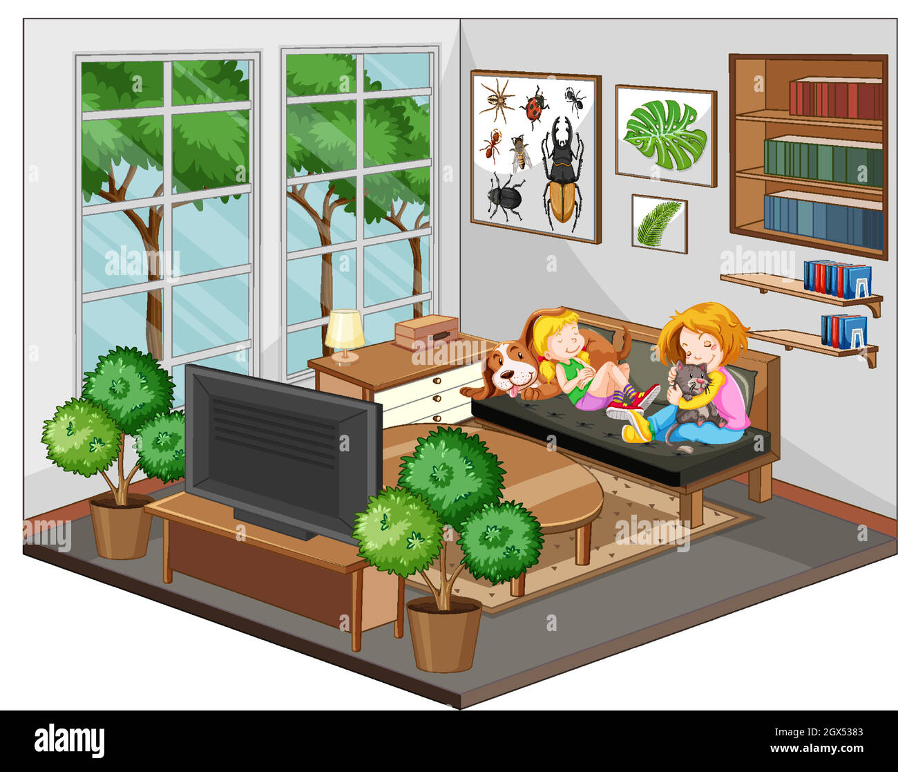 Mother and daughter in the living room with furnitures Stock Vector ...
