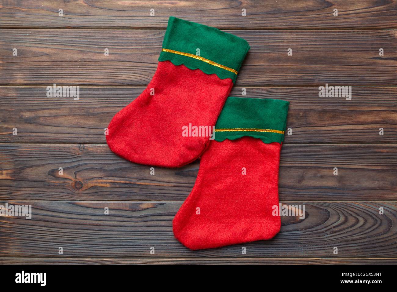 santa red sock top view on the color background with empty space ...