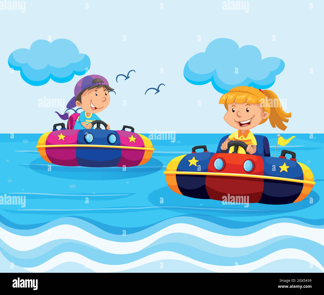 Boy and girl riding on rubber boats in ocean Stock Vector Image & Art ...