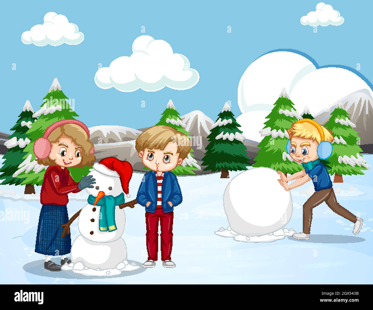 Scene with happy kids making snowman in the snow field Stock Vector ...