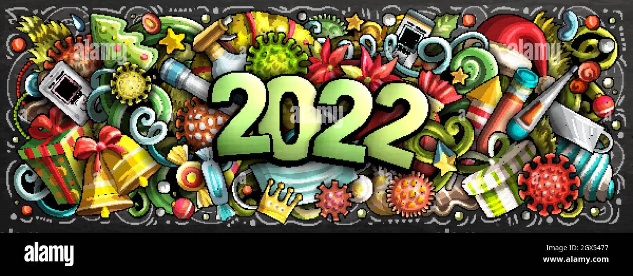 2022 Cartoon cute doodles New Year and Coronavirus illustration Stock ...