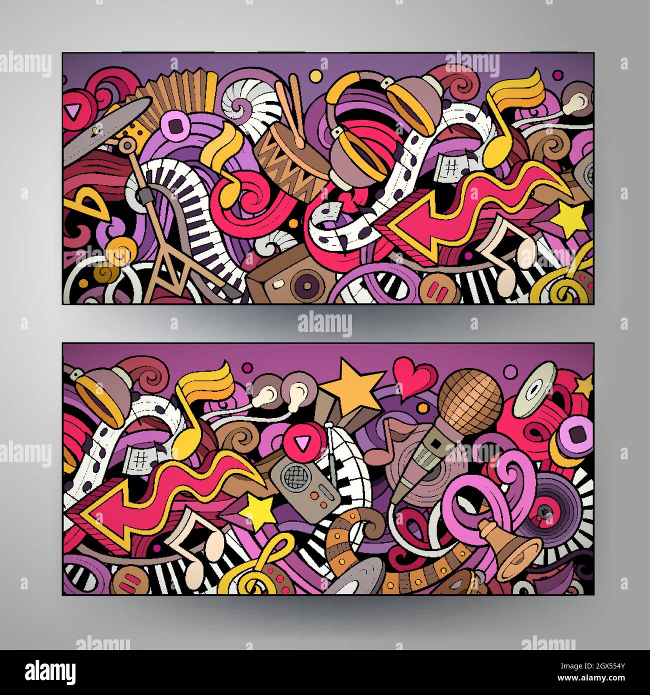 Cartoon cute doodles Music horizontal banners set Stock Vector Image ...
