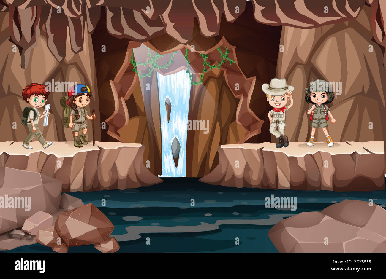 Children exploring a cave with waterfall Stock Vector Image & Art - Alamy
