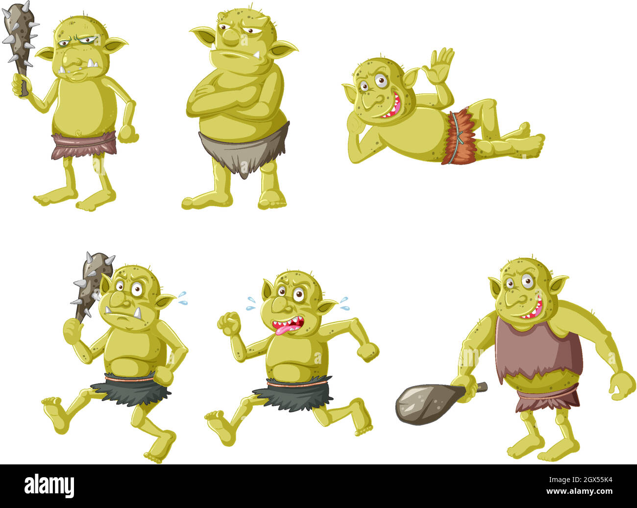 Set of green goblin or troll in different poses in cartoon character ...