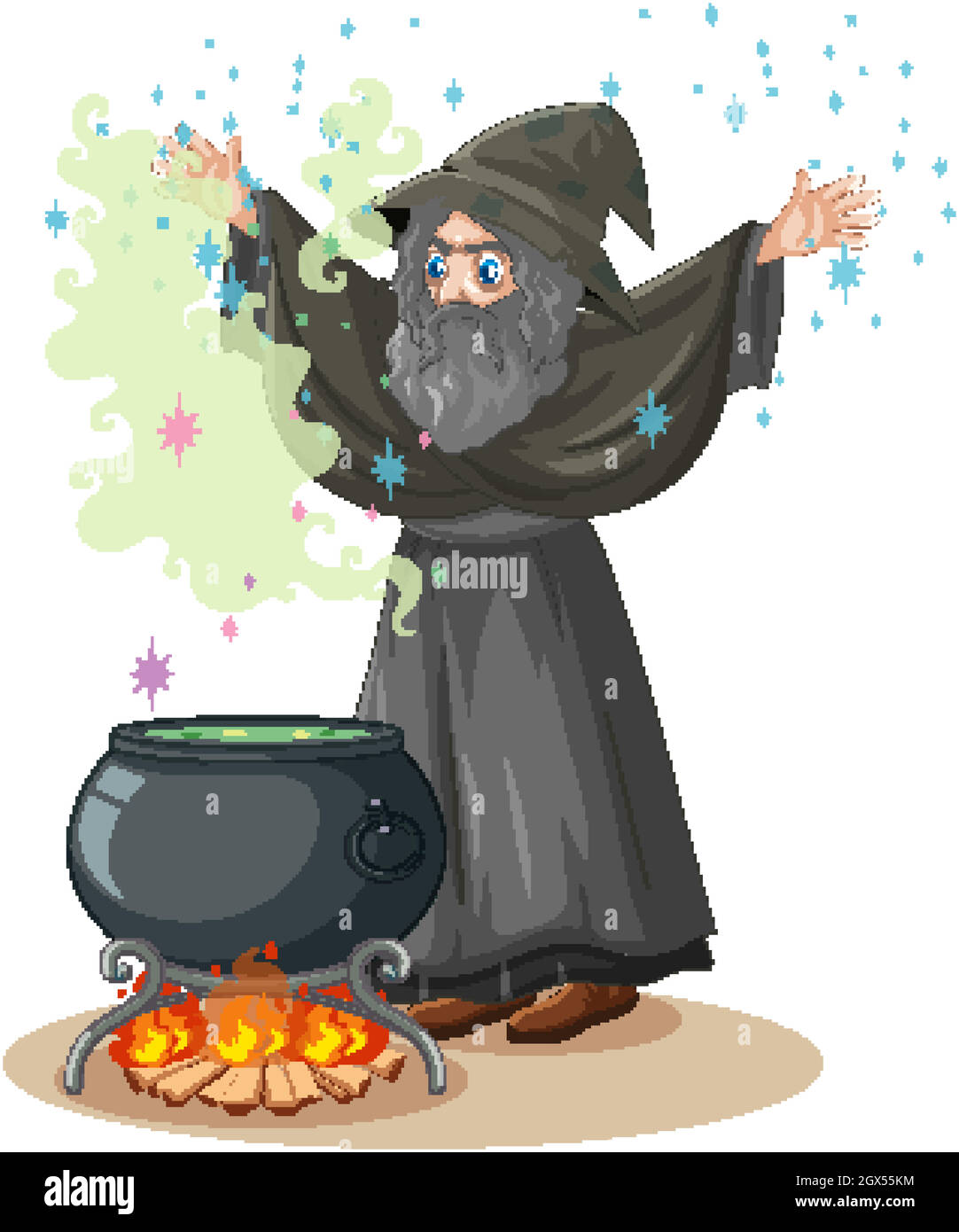 Old wizard with spell and magic pot cartoon style isolated on white ...