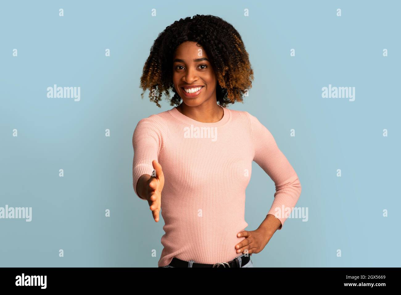 Nice To Meet You. Black Woman Extending Hand For Handshake At Camera ...