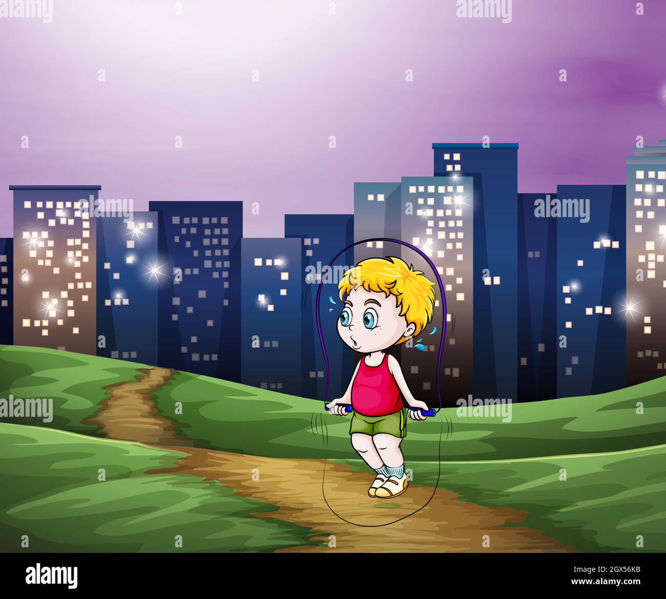 A young boy playing across the tall buildings in the city Stock Vector ...