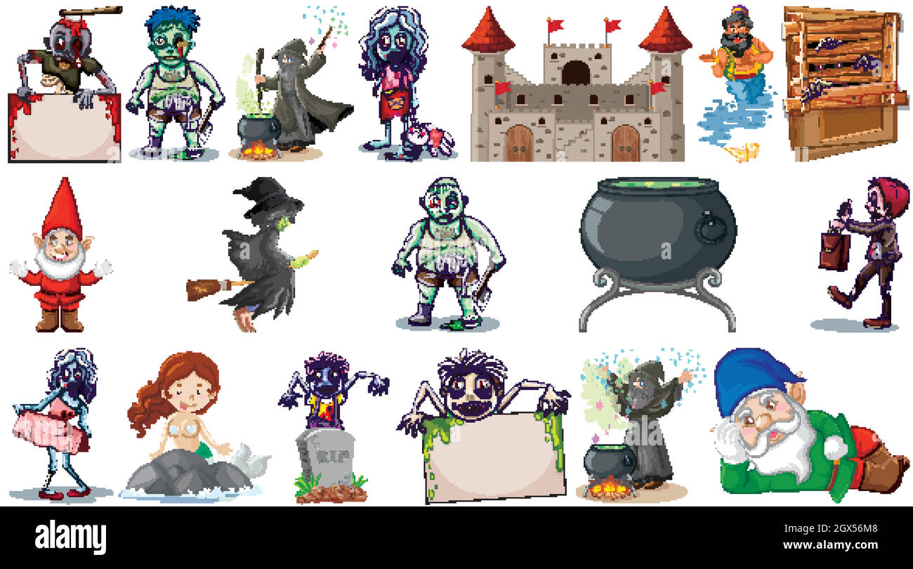Set of fantasy cartoon characters and fantasy theme isolated on white ...