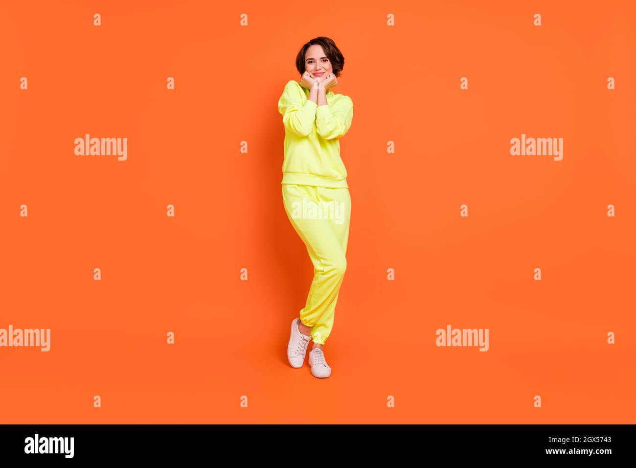 Full length body size view of attractive shy cheerful girl posing good ...