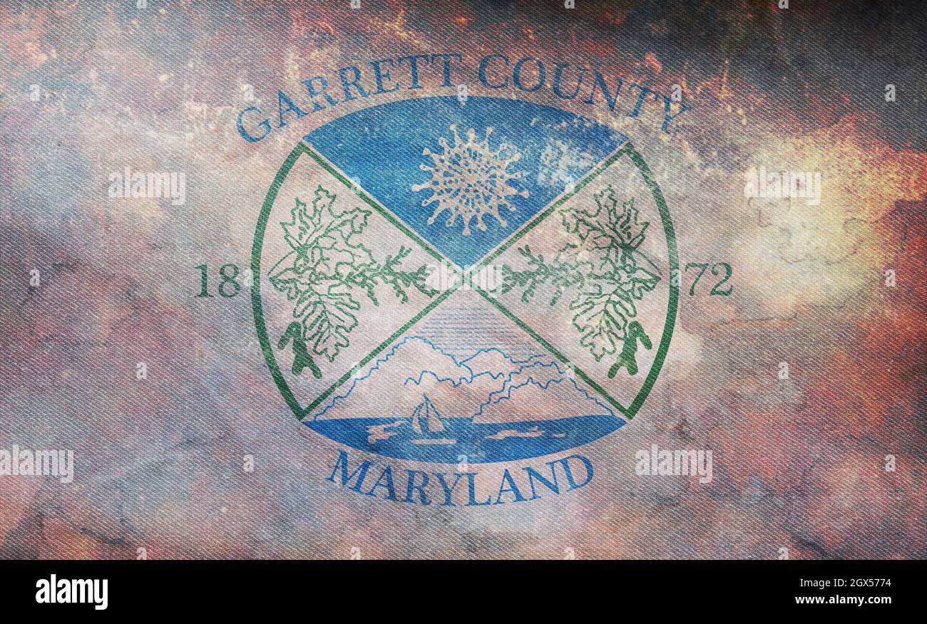 Top view of retro county of Garrett, Maryland flag with grunge texture ...