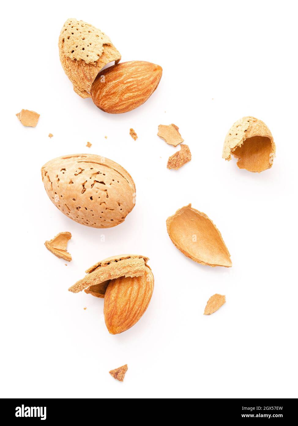 Close up group of almonds nut with shell and cracked almonds shell ...