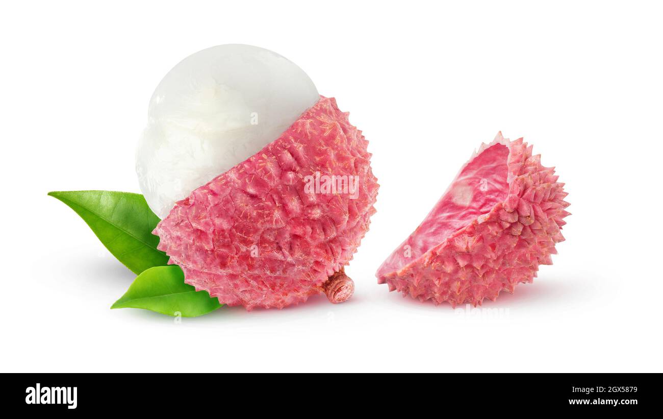 Isolated lychee. One peeled lichee fruit over leaf isolated on white ...
