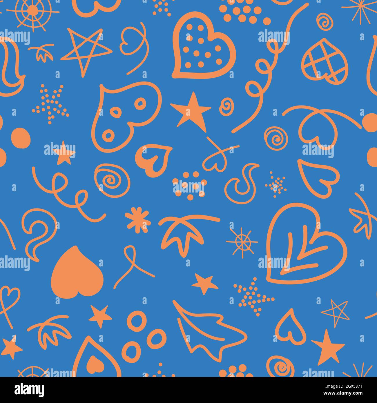 Seamless pattern fantasy curl heart leaf star dot, blue orange color ...