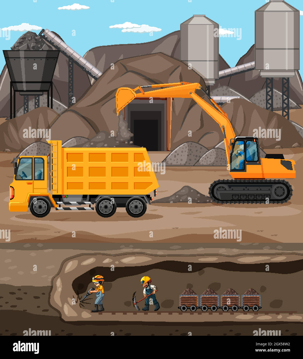 Landscape of coal mining scene with crane and trucks Stock Vector Image ...