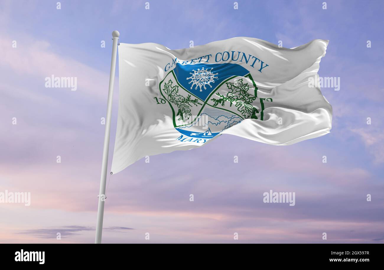 flag of county Garrett, Maryland , USA at cloudy sky background on ...