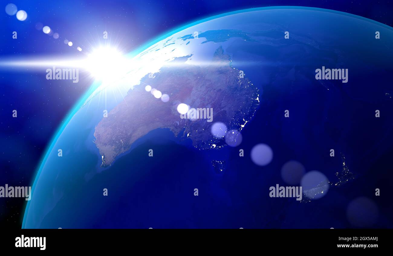 Earth, Australia side - sun glare and city lights in major cities in ...