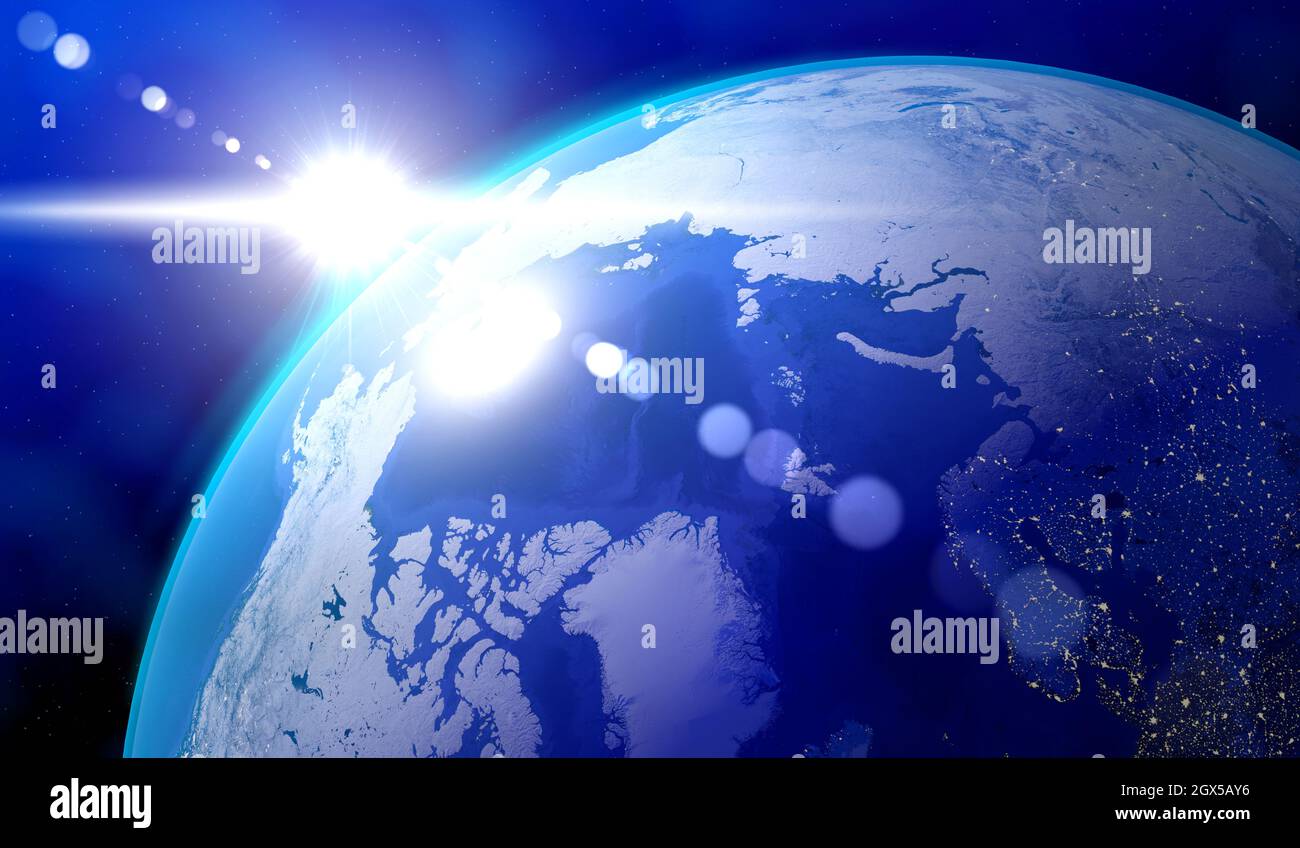 Earth, North Pole side, view at north Canada and Russia, sun glare ...