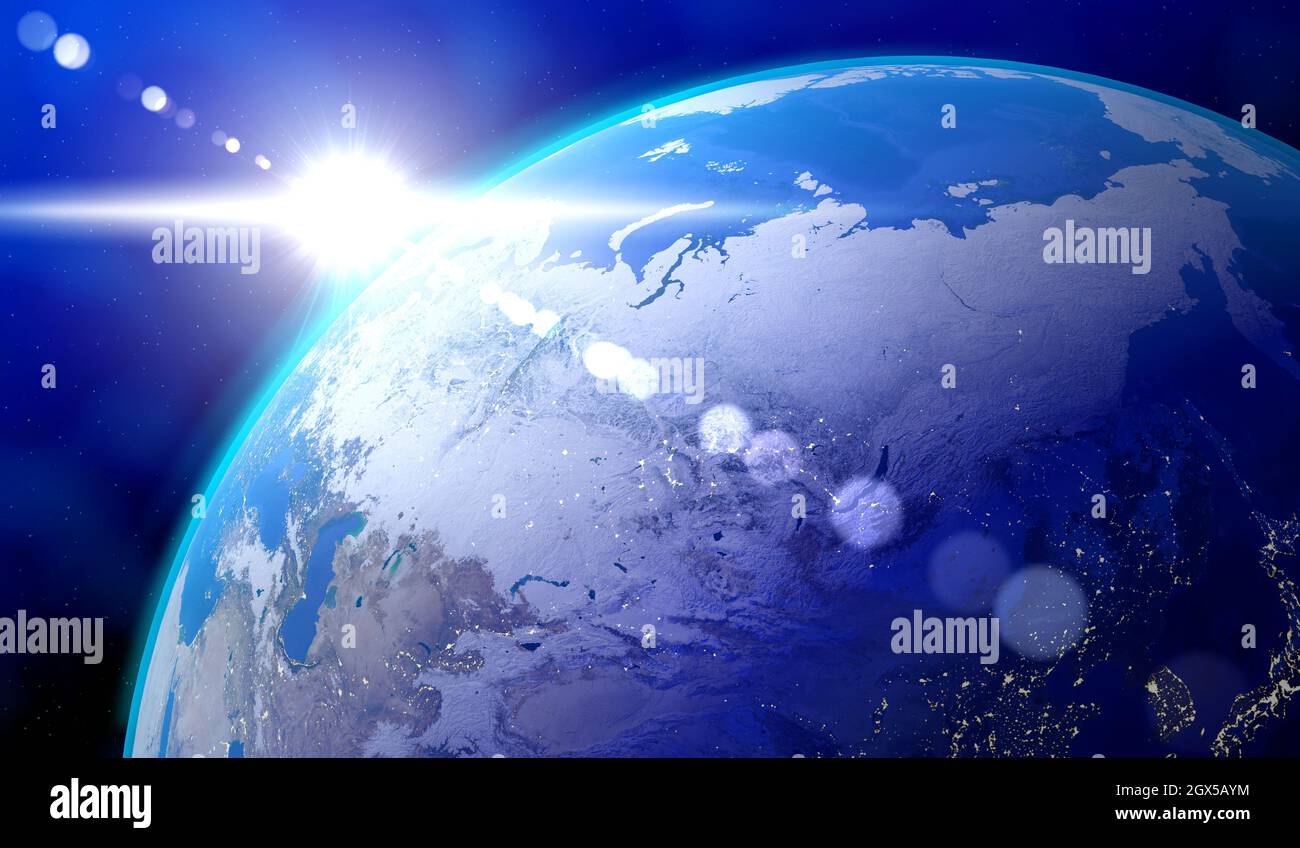Earth, Europe and Asia side - view at Russian Federation, sun glare ...