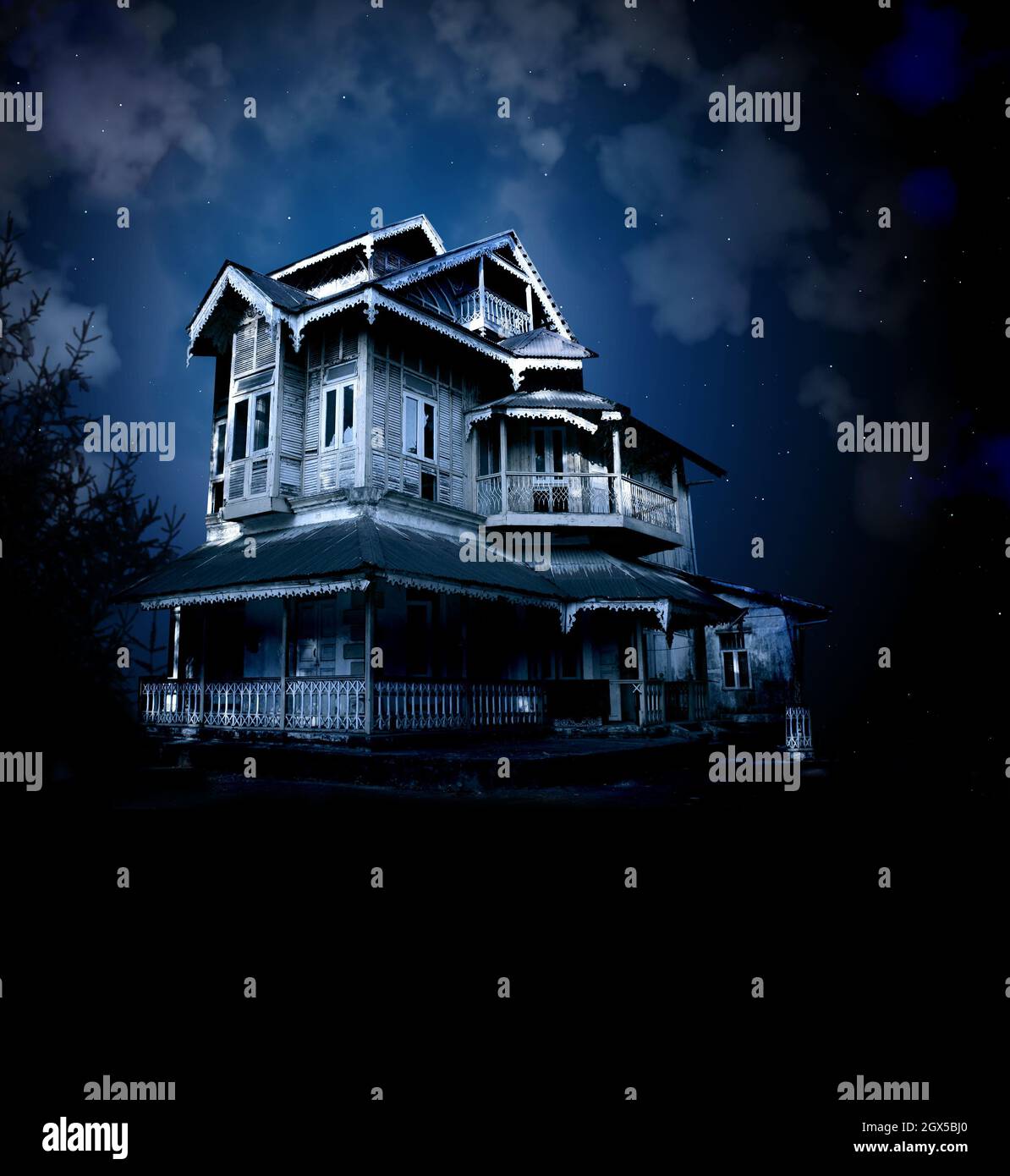 Haunted house on night sky background. Old abandoned house and ...