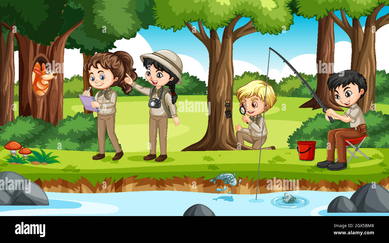 Camping in the forest scene with many children doing different ...