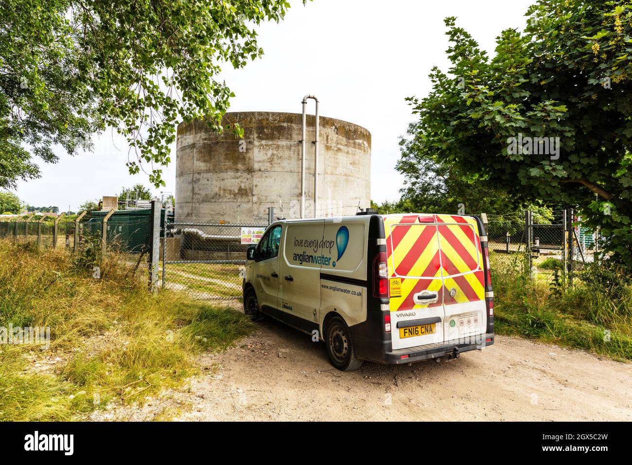 Anglian Water van at sewage plant at Saltfleet, Lincolnshire, UK ...
