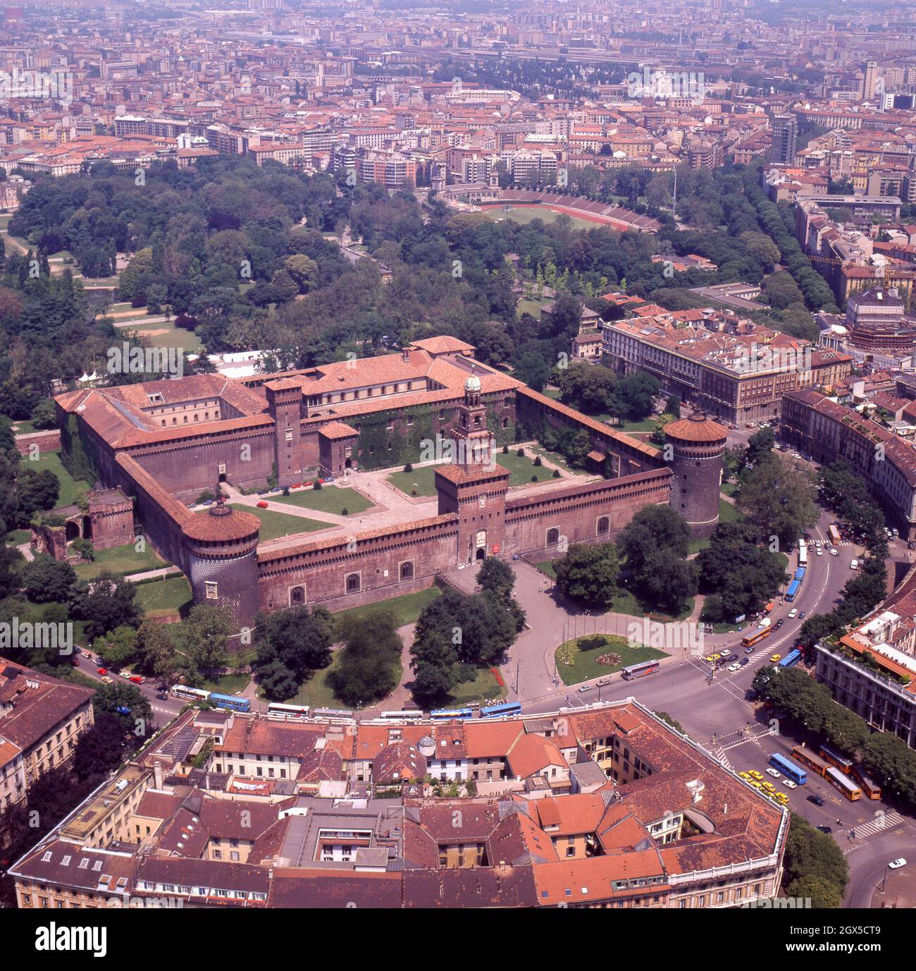 Europe, Italy, Lombardy, Milan, aerial photo of the Visconteo Castle ...