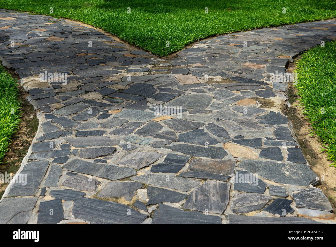 Stone branching path among the green lawn in the garden Stock Photo - Alamy