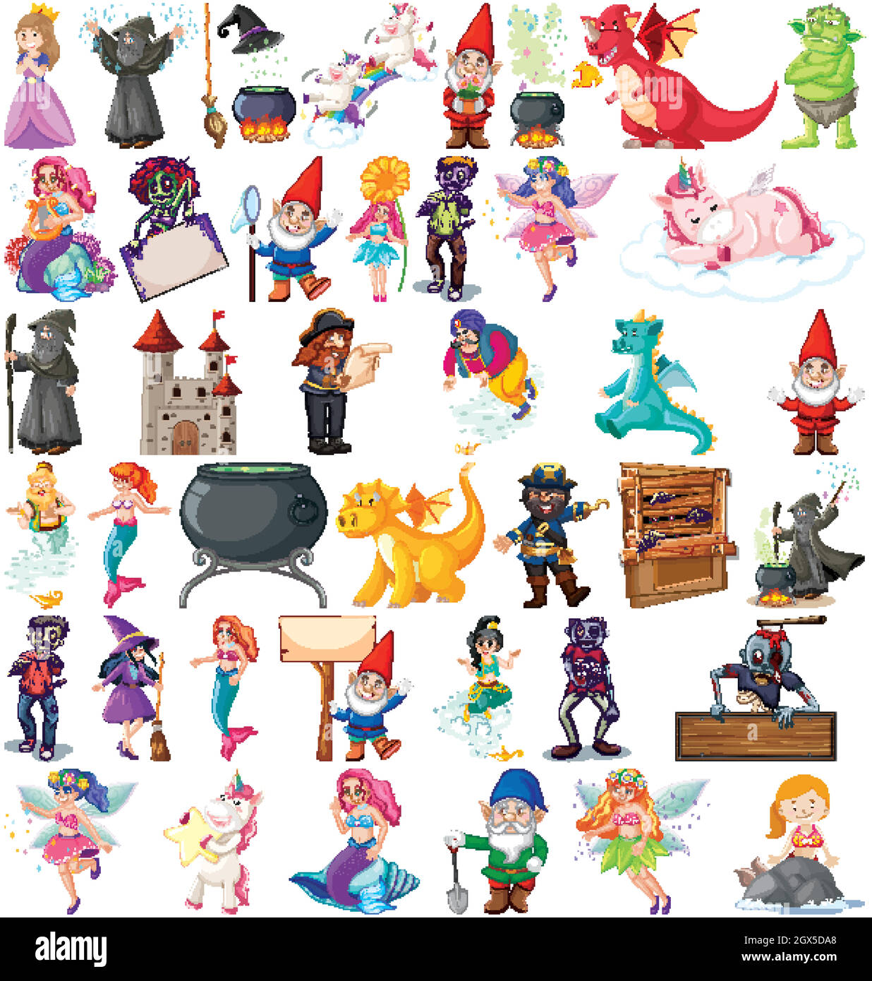 Set of fantasy cartoon characters and fantasy theme isolated on white ...