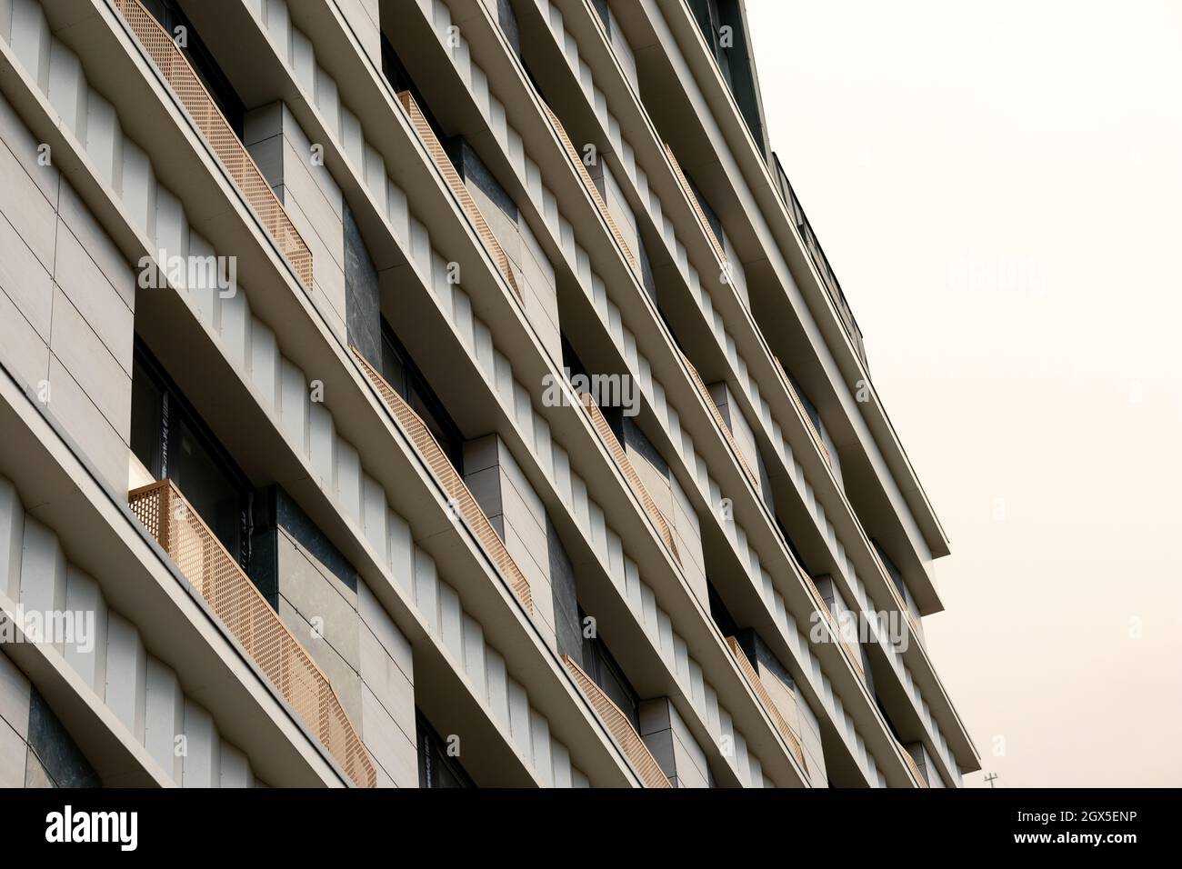 Close up shot of the exterior design and balconies of a residential ...