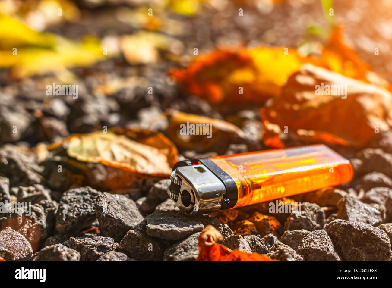 A bright orange lighter lies on the stones among fallen leaves, thrown ...