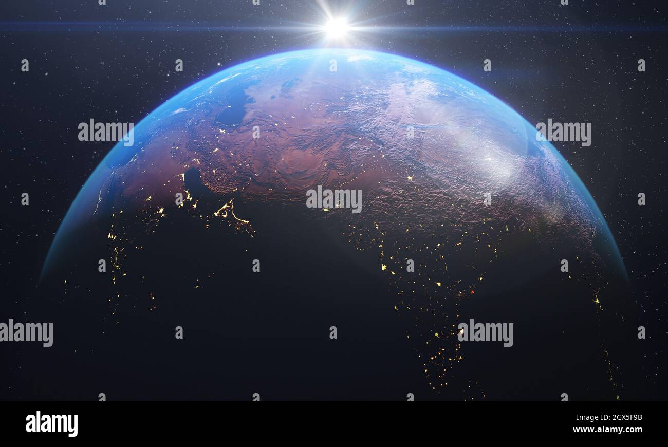 3D render of realistic sunrise over world horizon seen from space Stock ...