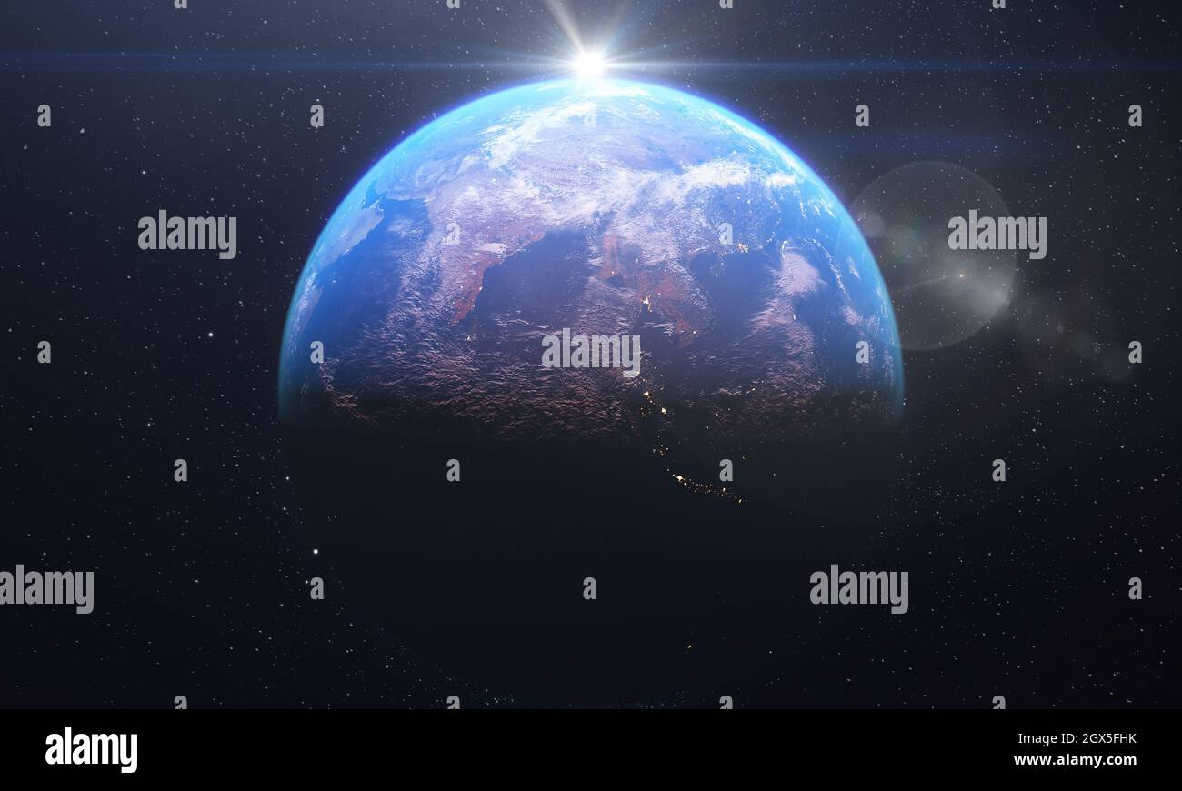 3D render of realistic sunrise over world horizon seen from space Stock ...