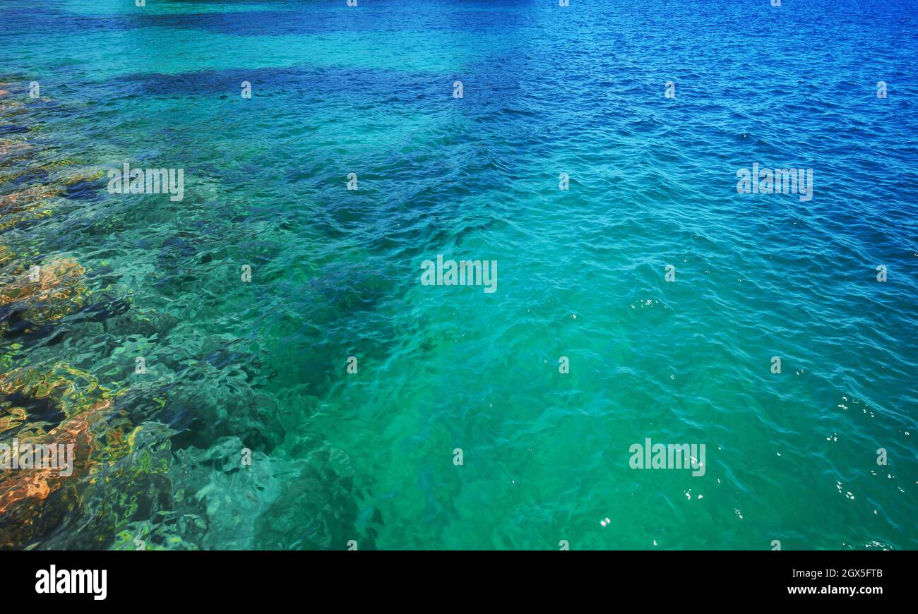 Blue rippled water and seabed of the Mediterranean Sea, natural ...