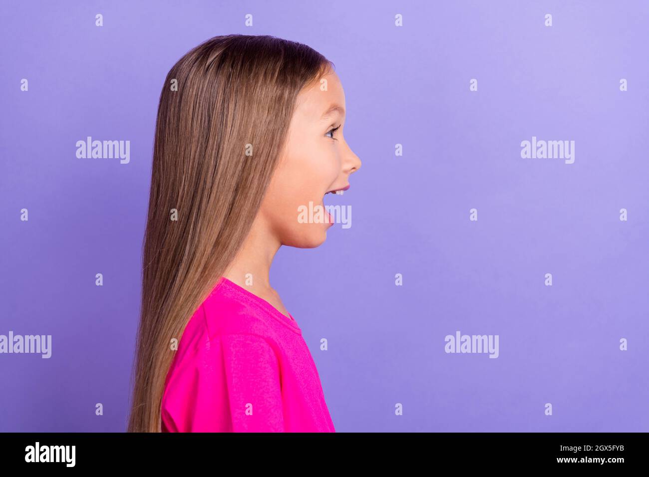Profile side photo of amazed shocked happy positive girl look empty ...