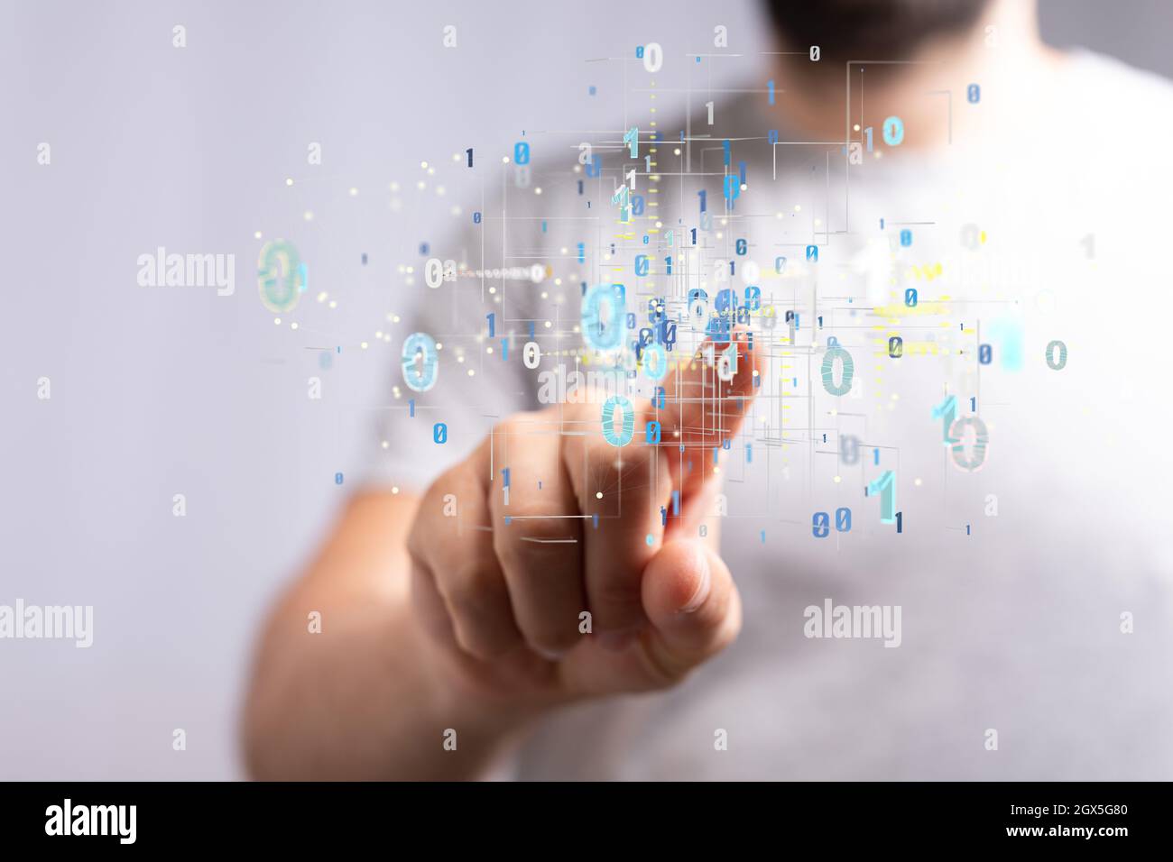 A person presenting a virtual 3D rendered projection of artificial ...