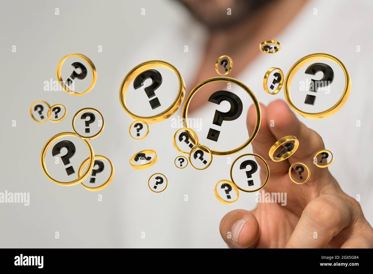 Person presenting a virtual 3D rendered projection of question marks ...