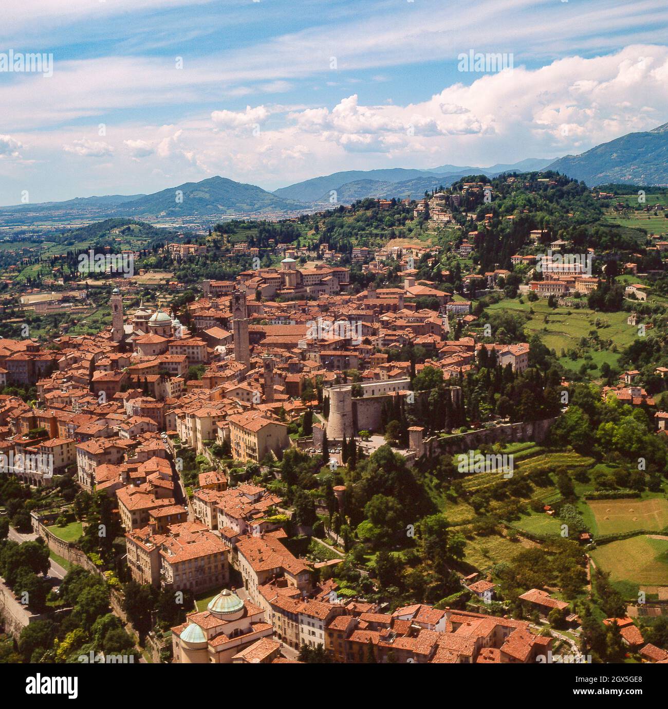 Europe, Italy, Lombardy Bergamo - aerial photo, upper town, medieval ...
