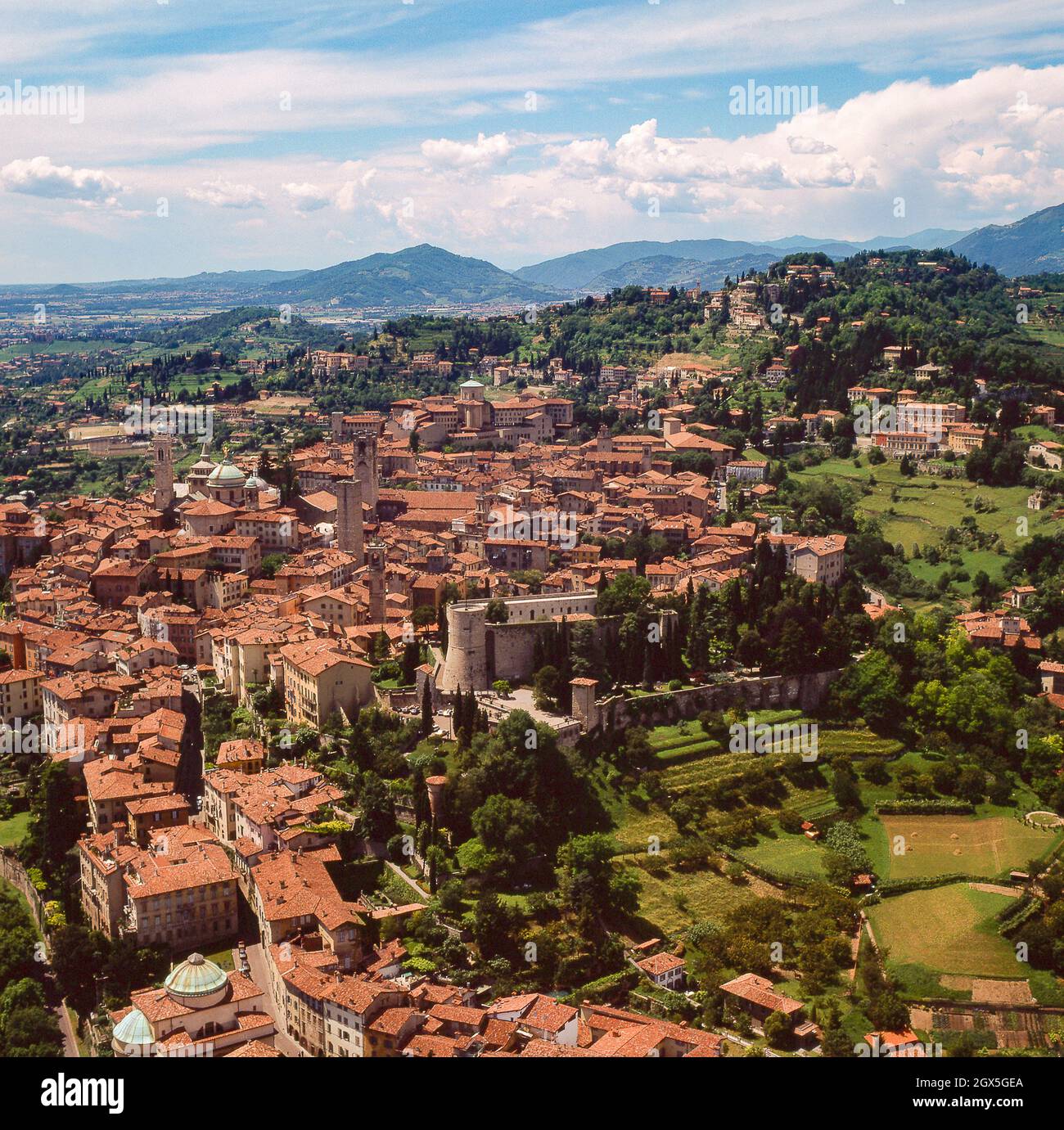 Europe, Italy, Lombardy Bergamo - aerial photo, upper town, medieval ...