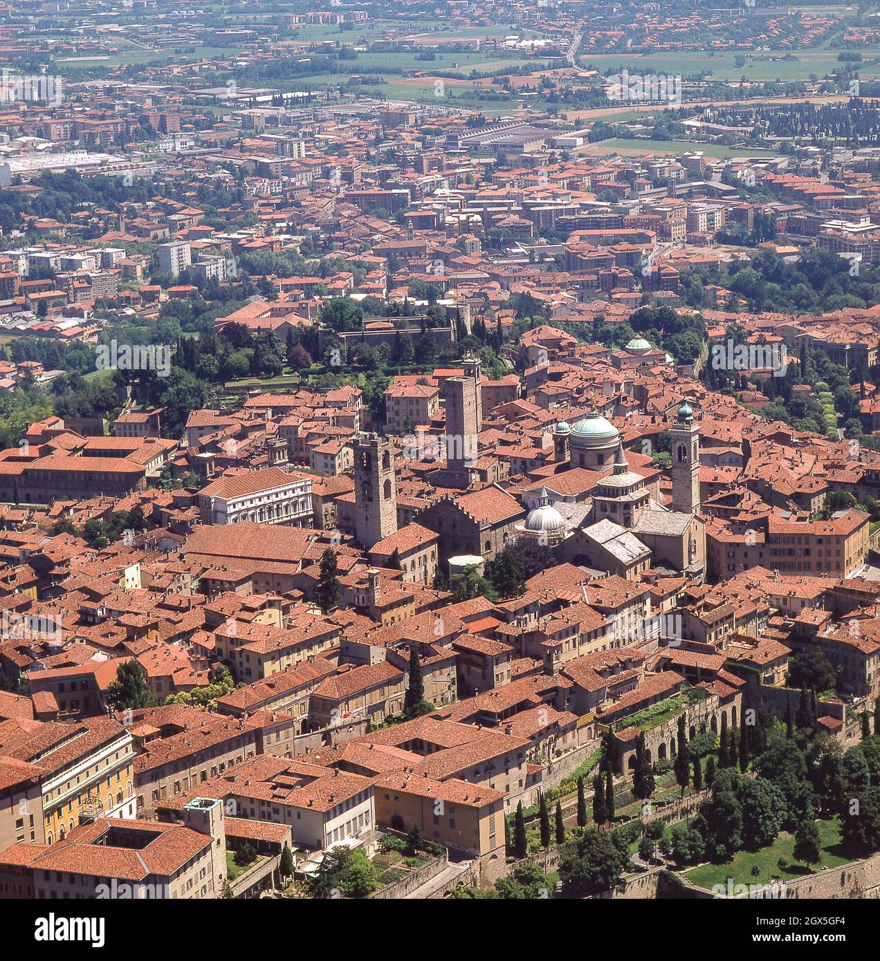 Europe, Italy, Lombardy Bergamo - aerial photo, upper town, medieval ...