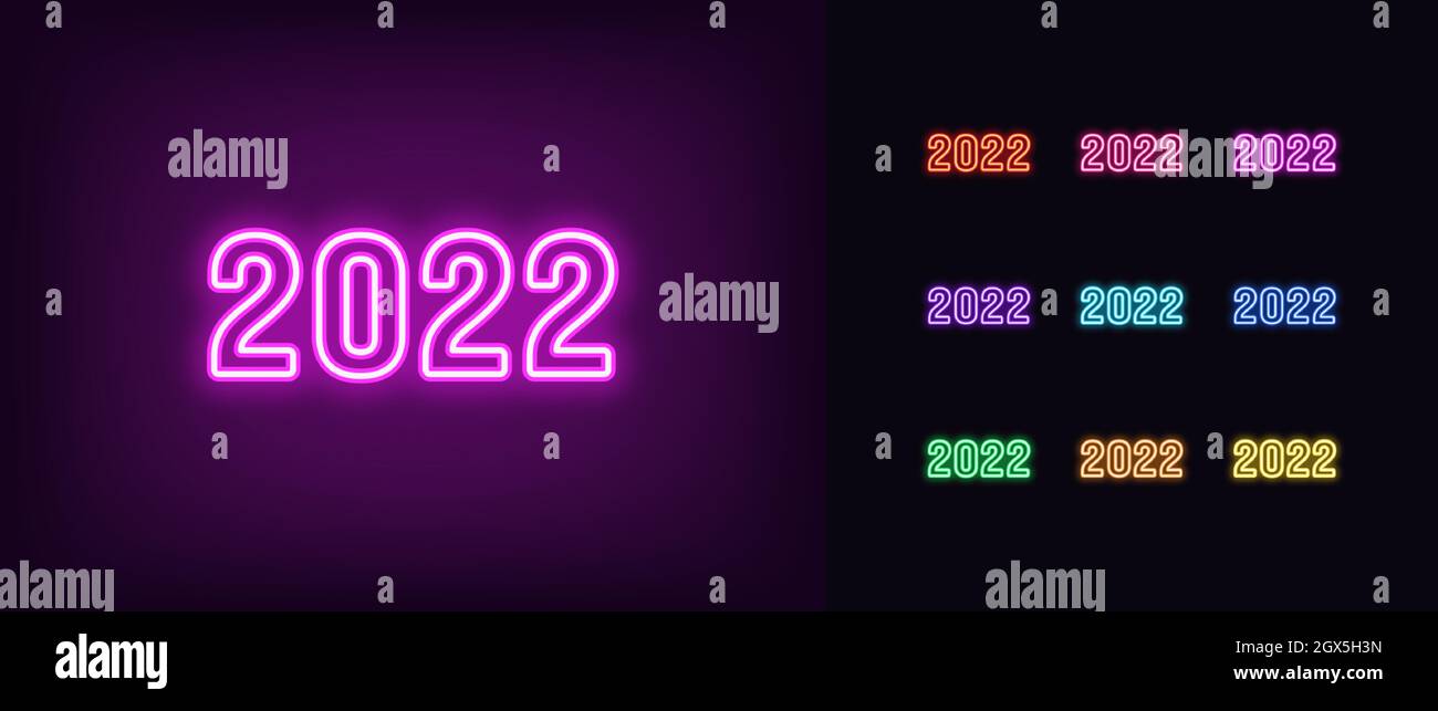 Outline neon 2022 year. Glowing neon 2022 icon, numbers in vivid colors ...