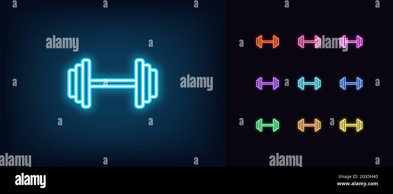 Outline neon dumbbell icon. Glowing neon dumbbell sign, gym pictogram ...