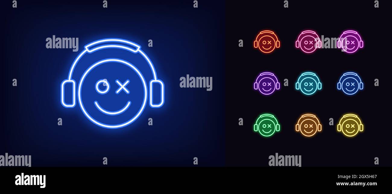 Outline neon gamer icon. Glowing neon emoticon gamer with headphones ...