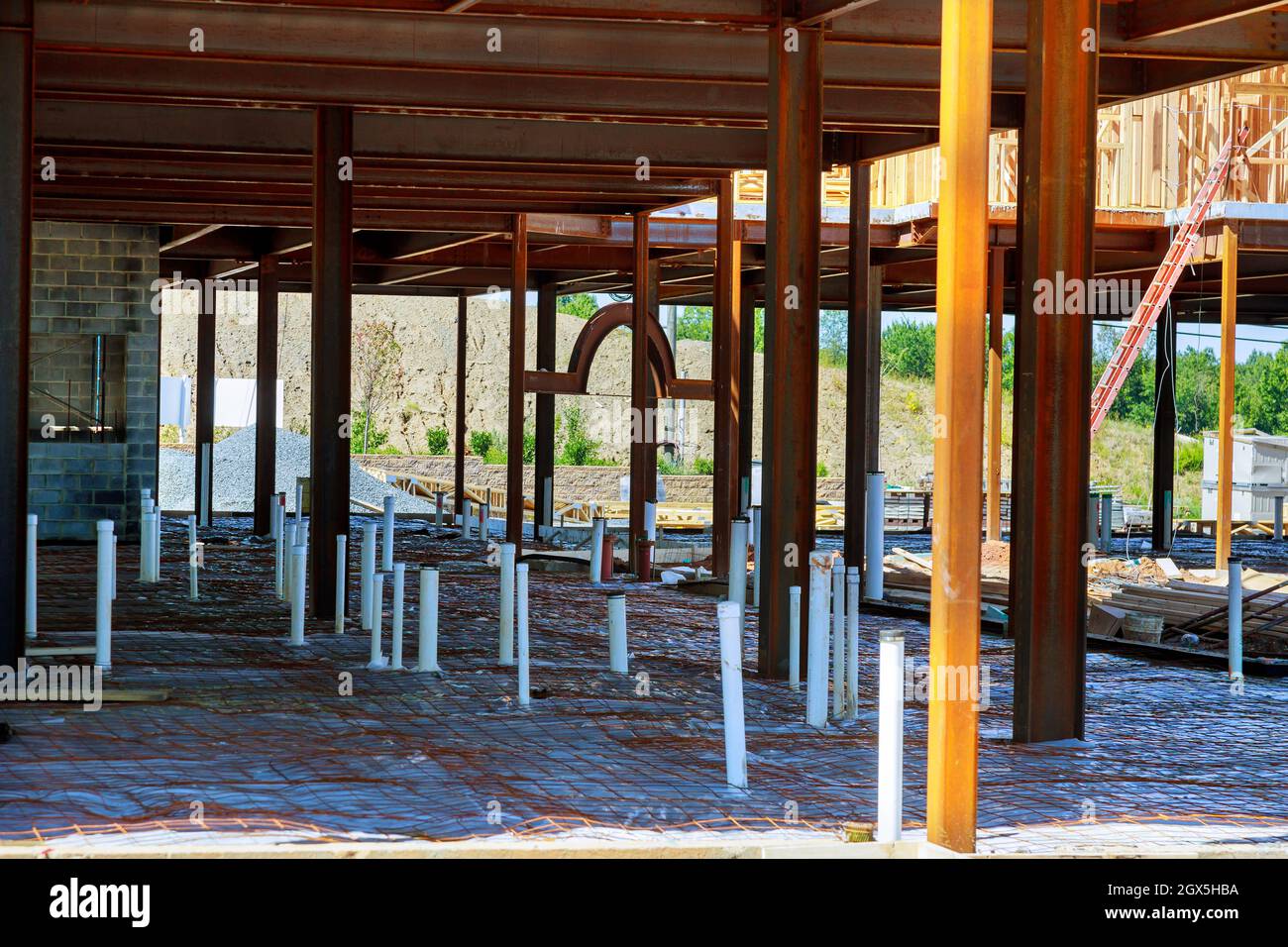 Plastic water pipes industrial pipeline laid on sand foundation at ...