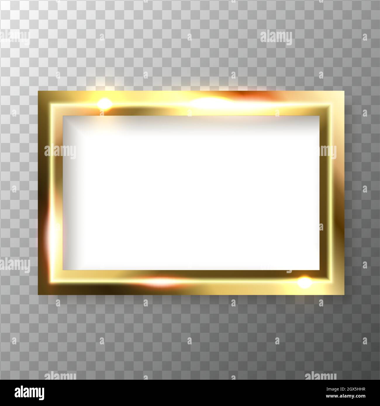 Abstract shiny golden rectangle frame with white empty space for text, on transparent background ...