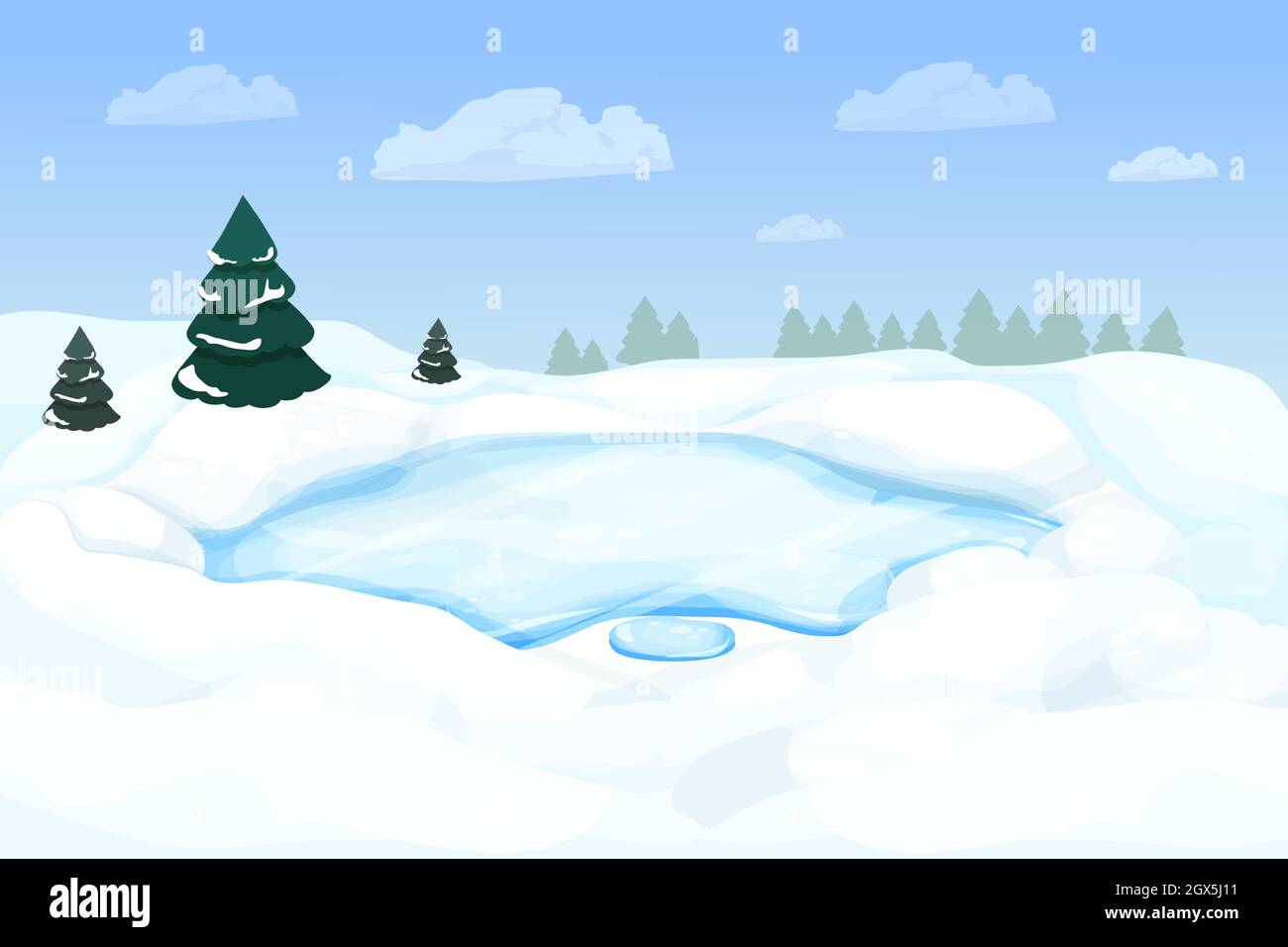 Winter landscape with frozen lake, river in forest with snow and pine ...