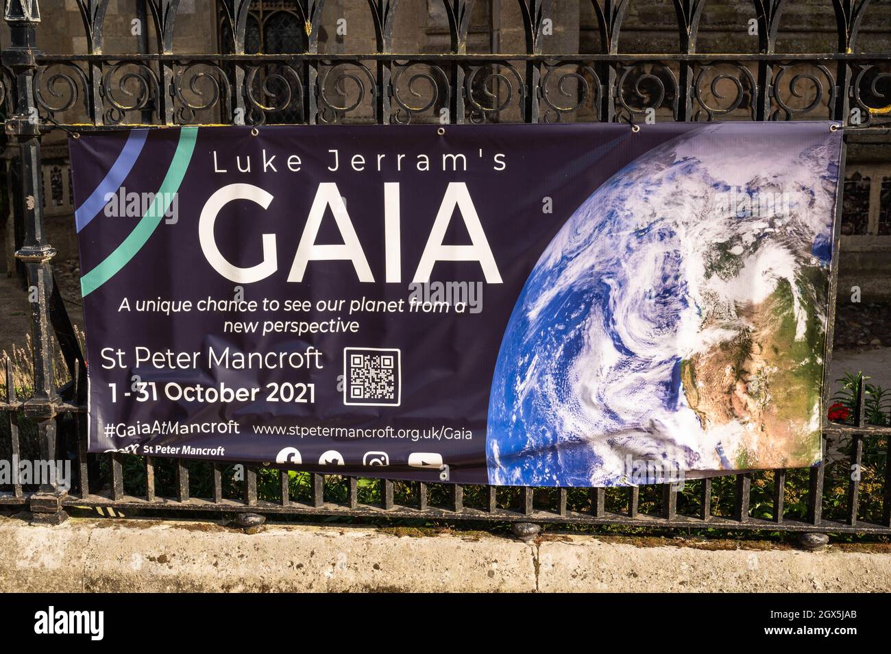 A Gaia banner attached to St.Peter Mancroft Church railings Norwich ...