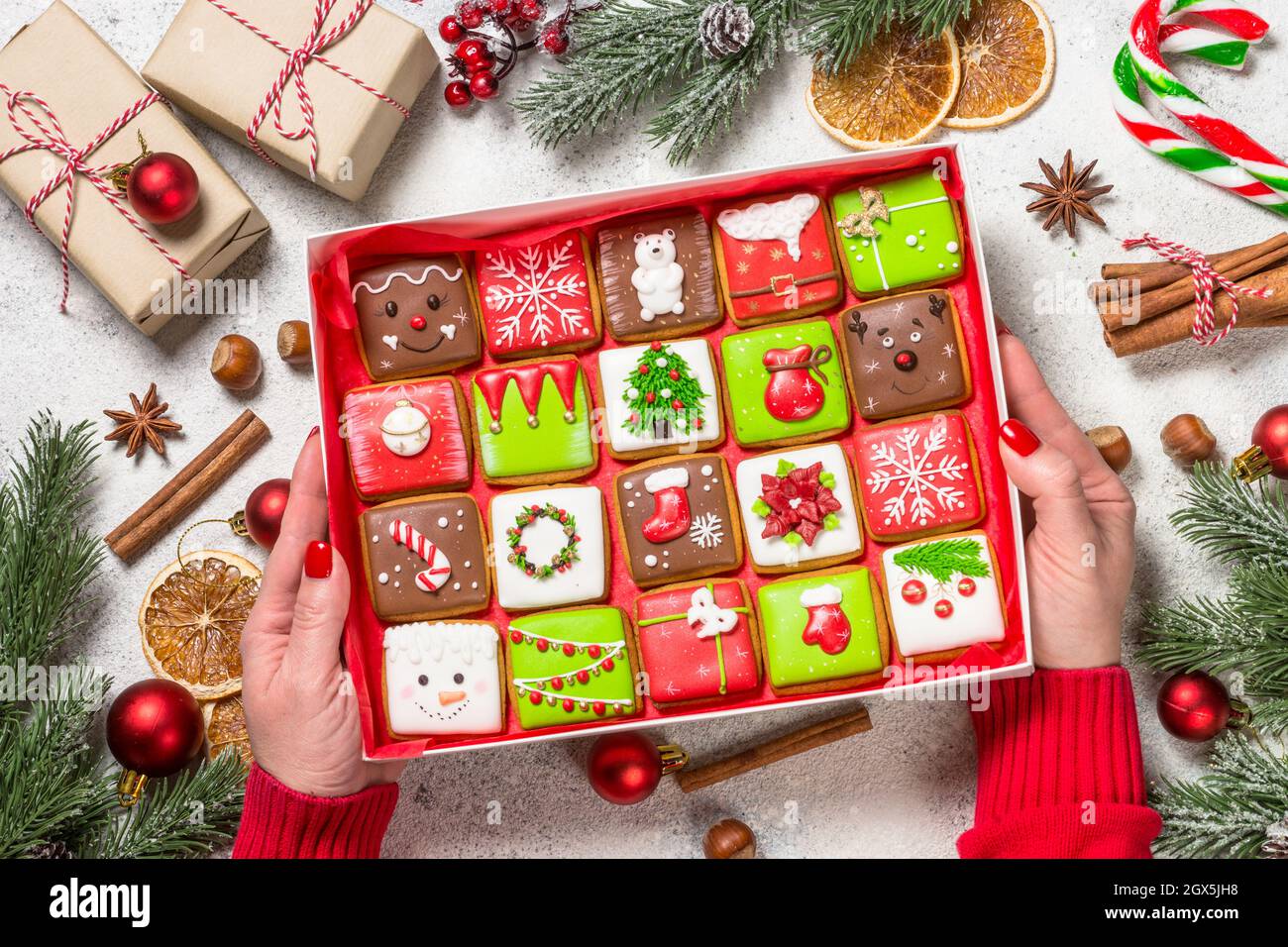 Christmas gingerbread cookies as advent calendar in present box with ...