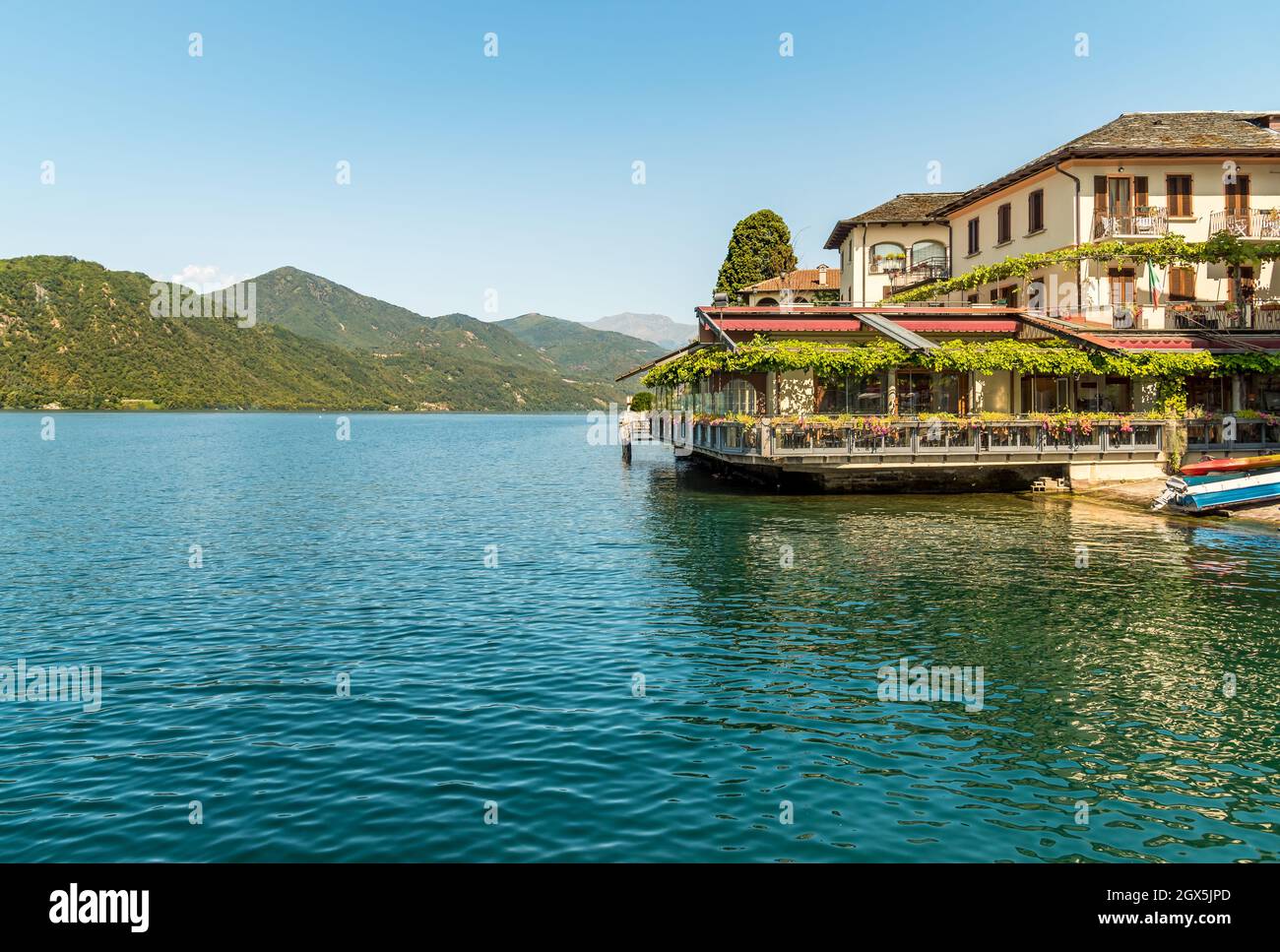 Landscape of Lake Orta with historic building on the bank of lake Orta ...