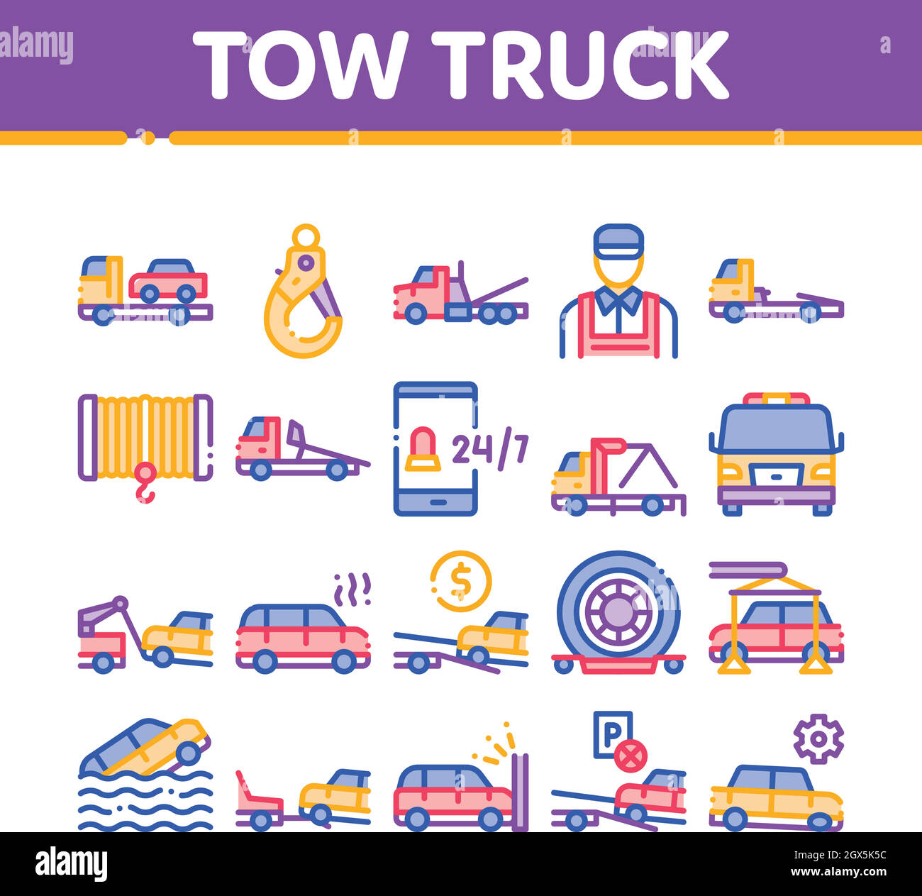 Tow Truck Transport Collection Icons Set Vector Stock Vector Image ...