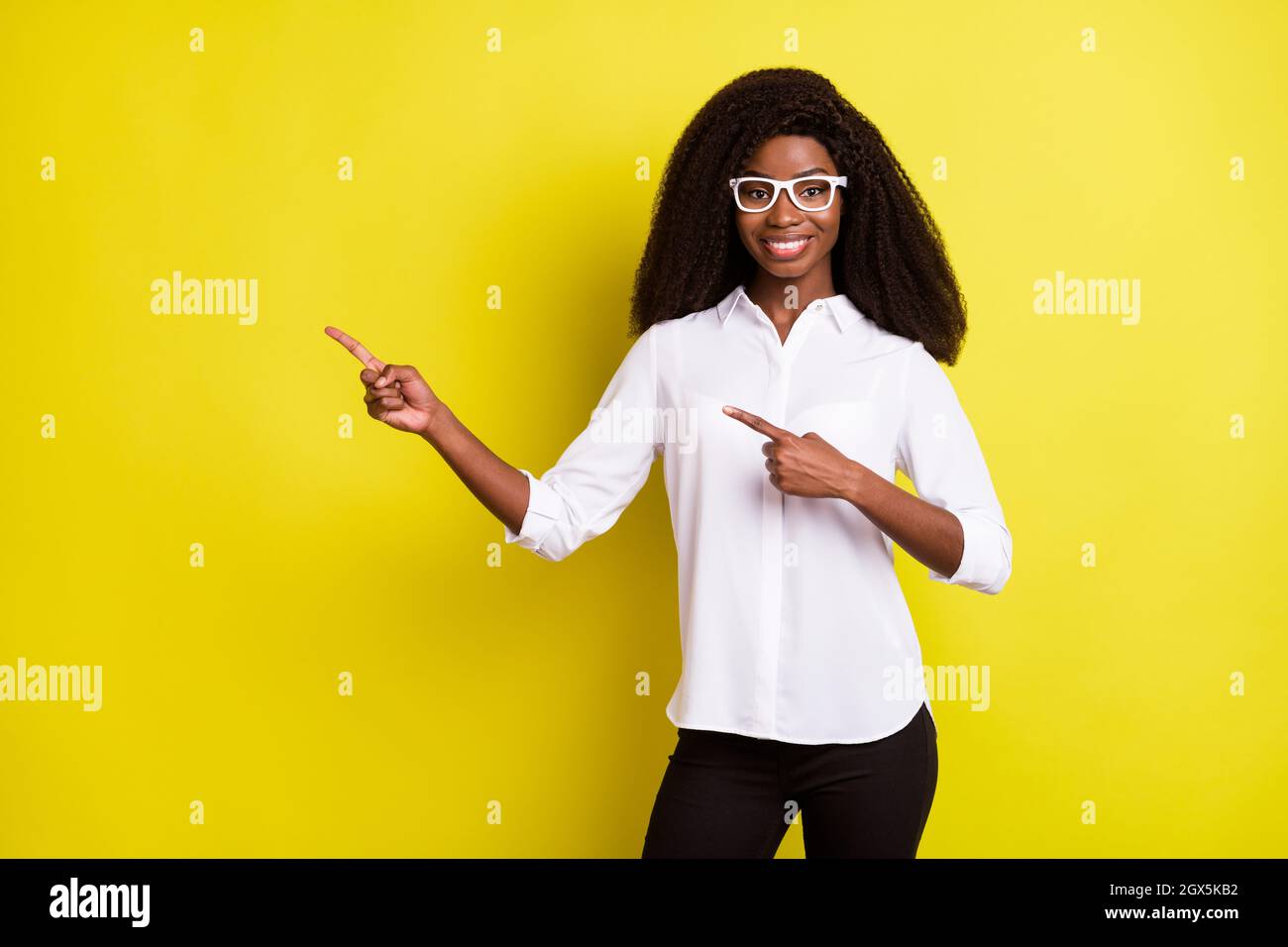 Photo of excited young hr lady point empty space wear spectacles white ...